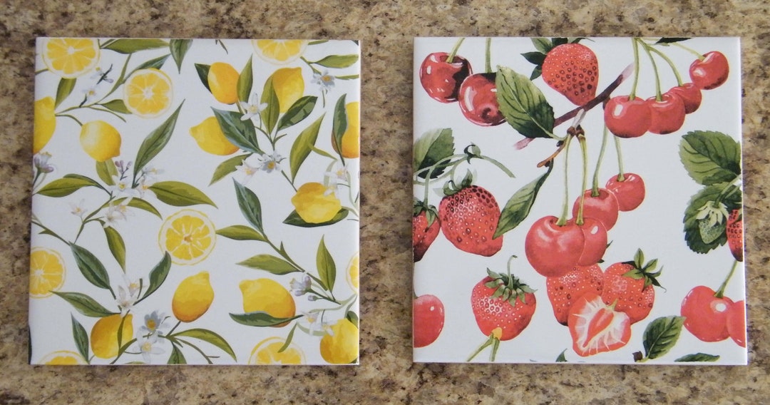 Set of 2 Ceramic Kitchen Trivets With Juicy Lemons, Cherries and ...