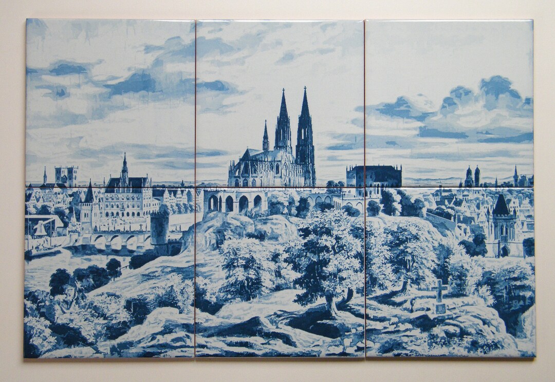 The Old City in Blue Colors. Ceramic Mural Composed of 6 Glossy Tiles ...