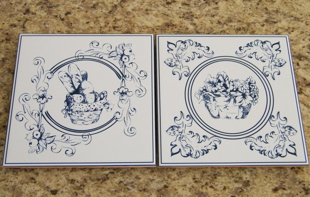 Set of 2 Vintage-style Ceramic Kitchen Trivets (delft Blue Tiles Motifs ...