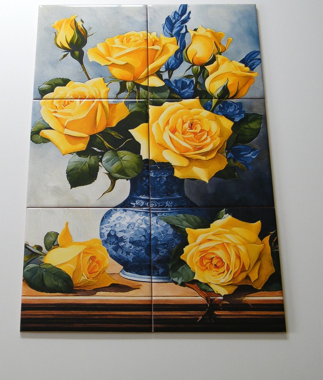 Ceramic Kitchen Backsplash/ Framed Tile Mosaic. Yellow Roses and Blue ...