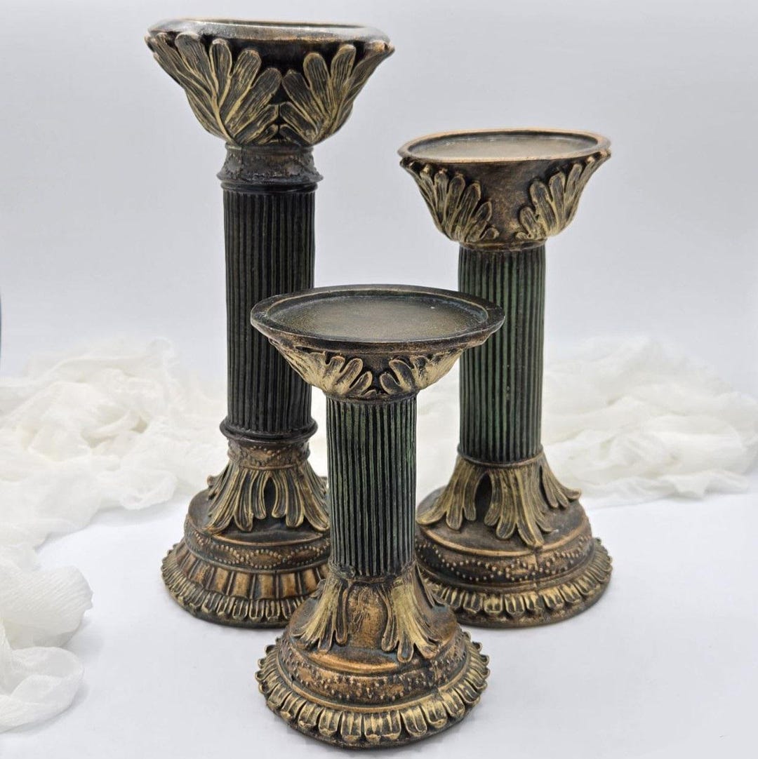Set of 3 Roman Style Candlesticks | Vintage Green & Gold Pillar Candle ...