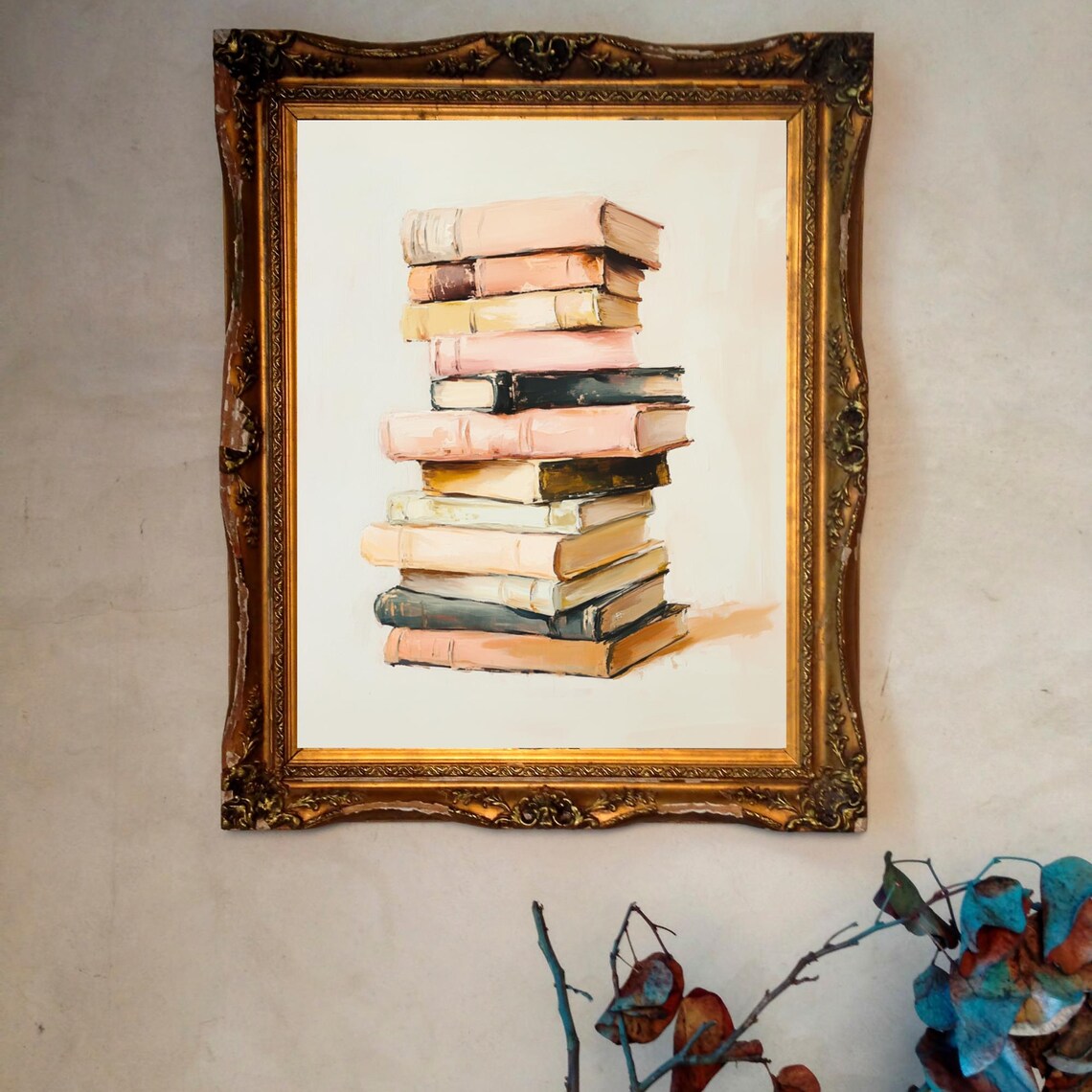 Vintage Book Lover Print, Stack of Books Painting, Bookworm Printable ...