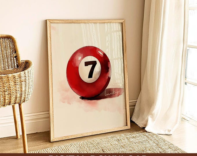 Vintage Pool Ball Print Retro Hand-drawn Wall Art Trendy Lucky 7 Ball ...