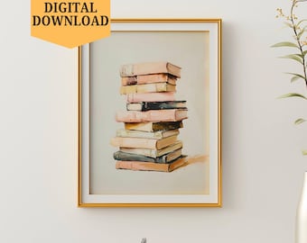 Pastel Book Stack Print, Stack of Books Print, Bookworm Printable Art ...