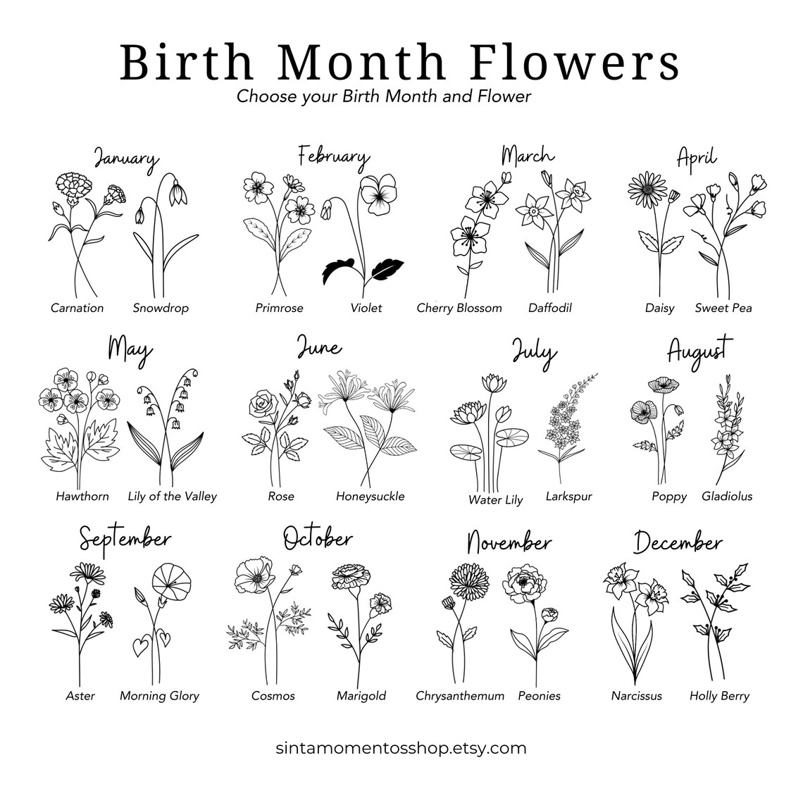 Personalised Birth Flower Month Printable Wall Art, Custom Birth Flower ...