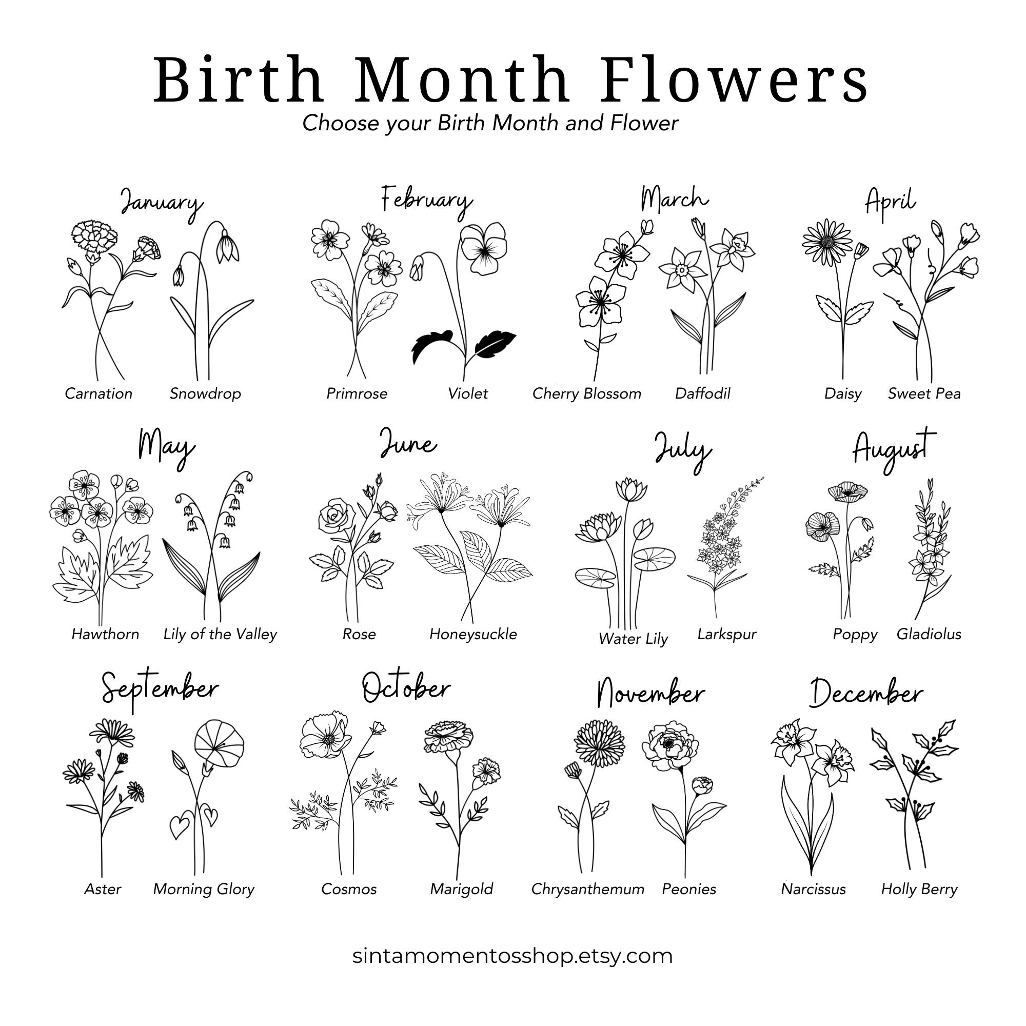 Custom Birth Flower Month Printable Wall Art, Personalize Birth Flower ...