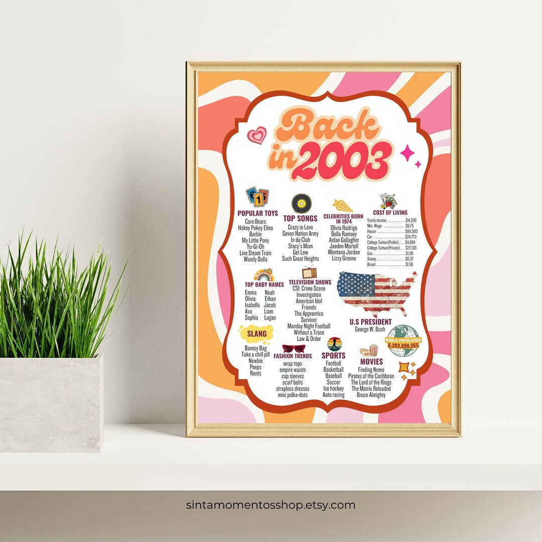 Retro 2003 Birthday Poster, Back in 2003 Fun Facts 2003 Printable Wall ...