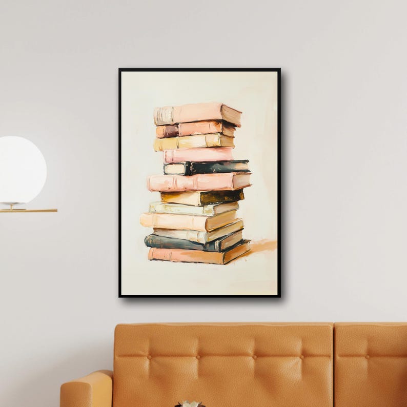 Vintage Book Lover Print, Stack of Books Painting, Bookworm Printable ...