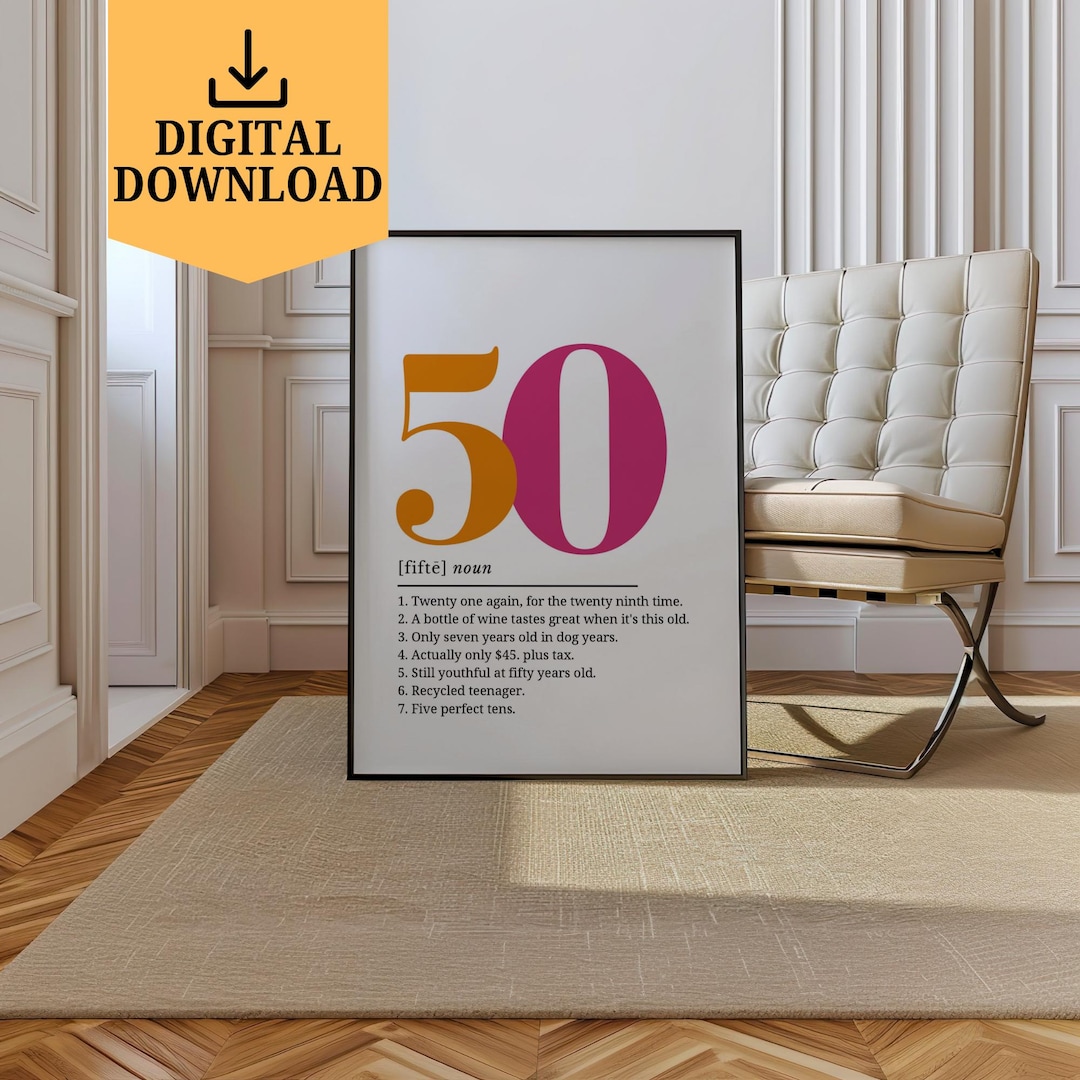 Fifty Definition Printable Wall Art, 1975 Birthday Poster, Funny 50th ...