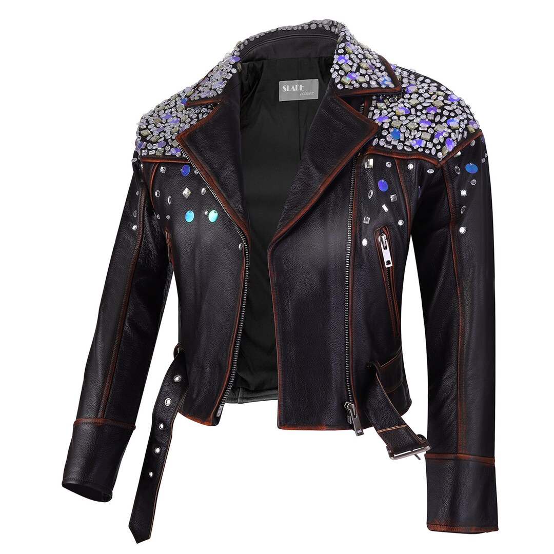 Womens' Retro Brown Naked Cowhide Skin Leather Jacket With Crystal on ...