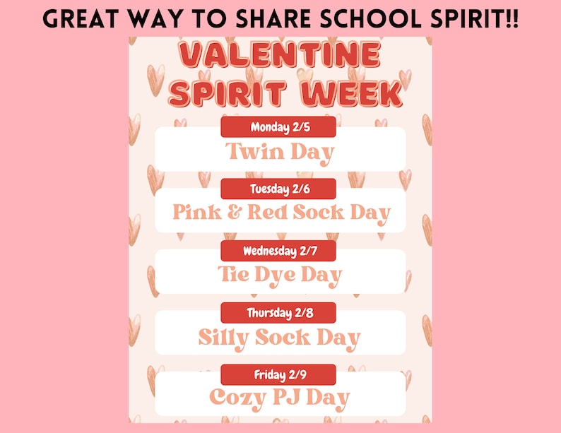 Valentine's Day Spirit Week Schedule VDAY Flyer Fundraiser for PTO/PTA ...