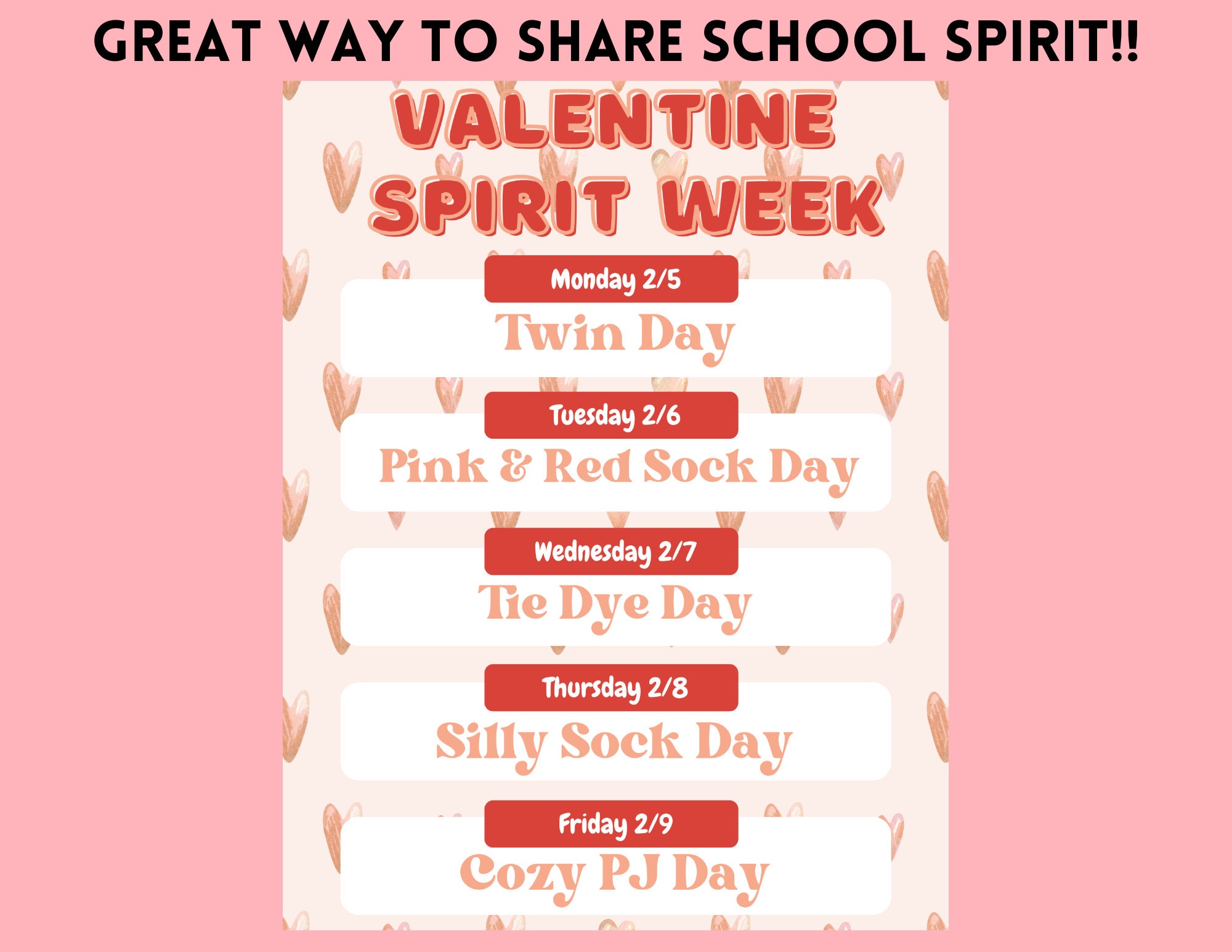 Valentine's Day Spirit Week Schedule VDAY Flyer Fundraiser for PTO/PTA ...