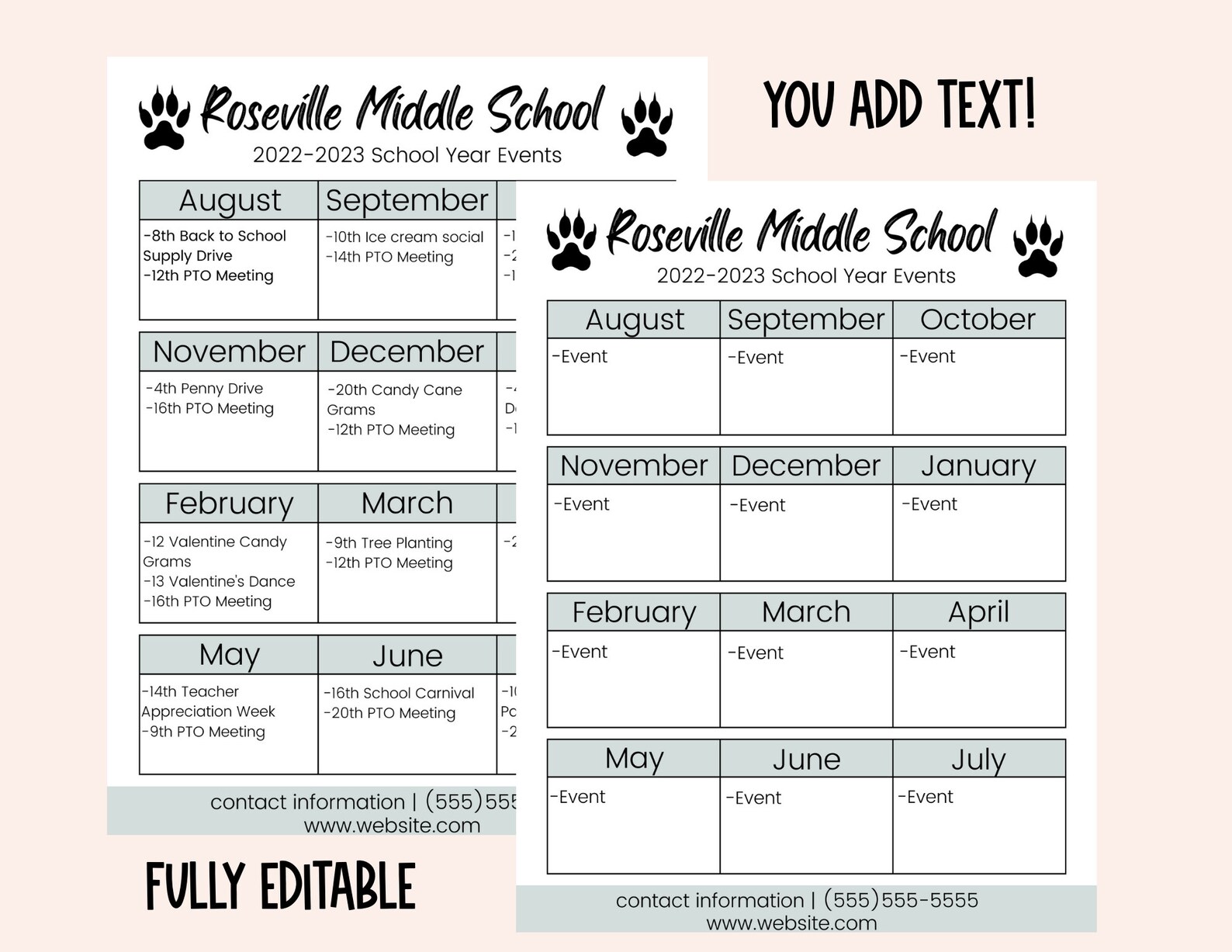 Simple PTO/PTA Yearly and Monthly Calendar Events for the School Year ...