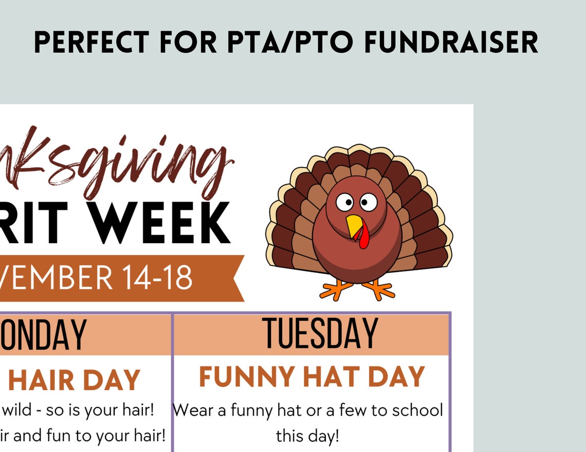 Thanksgiving Spirit Week Schedule Fall Flyer Fundraiser for PTO/PTA ...