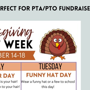 Thanksgiving Spirit Week Schedule Fall Flyer Fundraiser for PTO/PTA ...