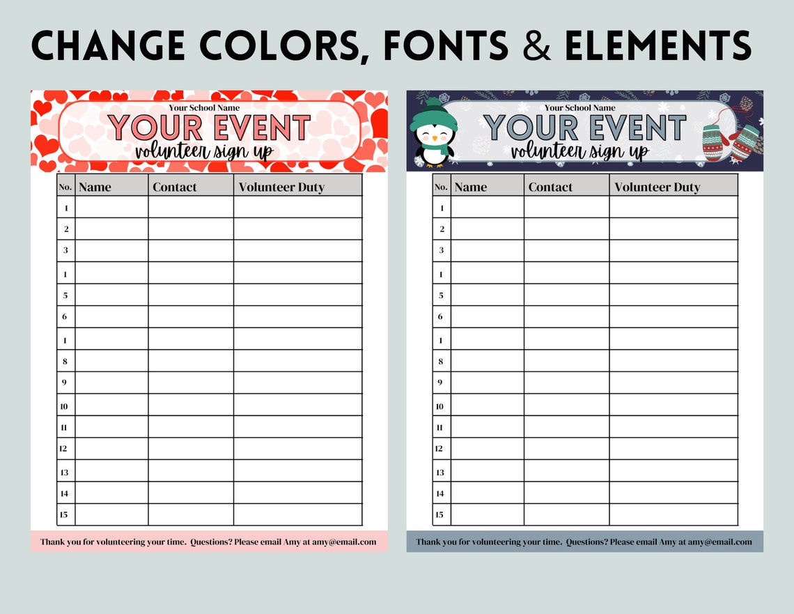 DIY Volunteer Sign up Sheet for Holidays, Events and Fundraisers ...