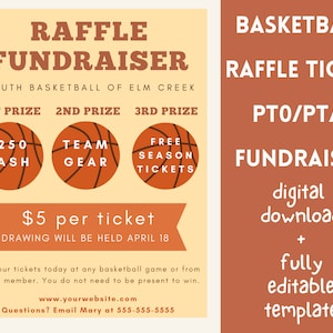 Basketball RAFFLE Fundraiser Editable Template for PTO and PTA. Flyer ...
