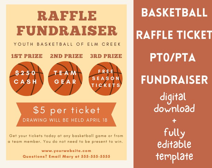 Basketball RAFFLE Fundraiser Editable Template for PTO and PTA. Flyer ...