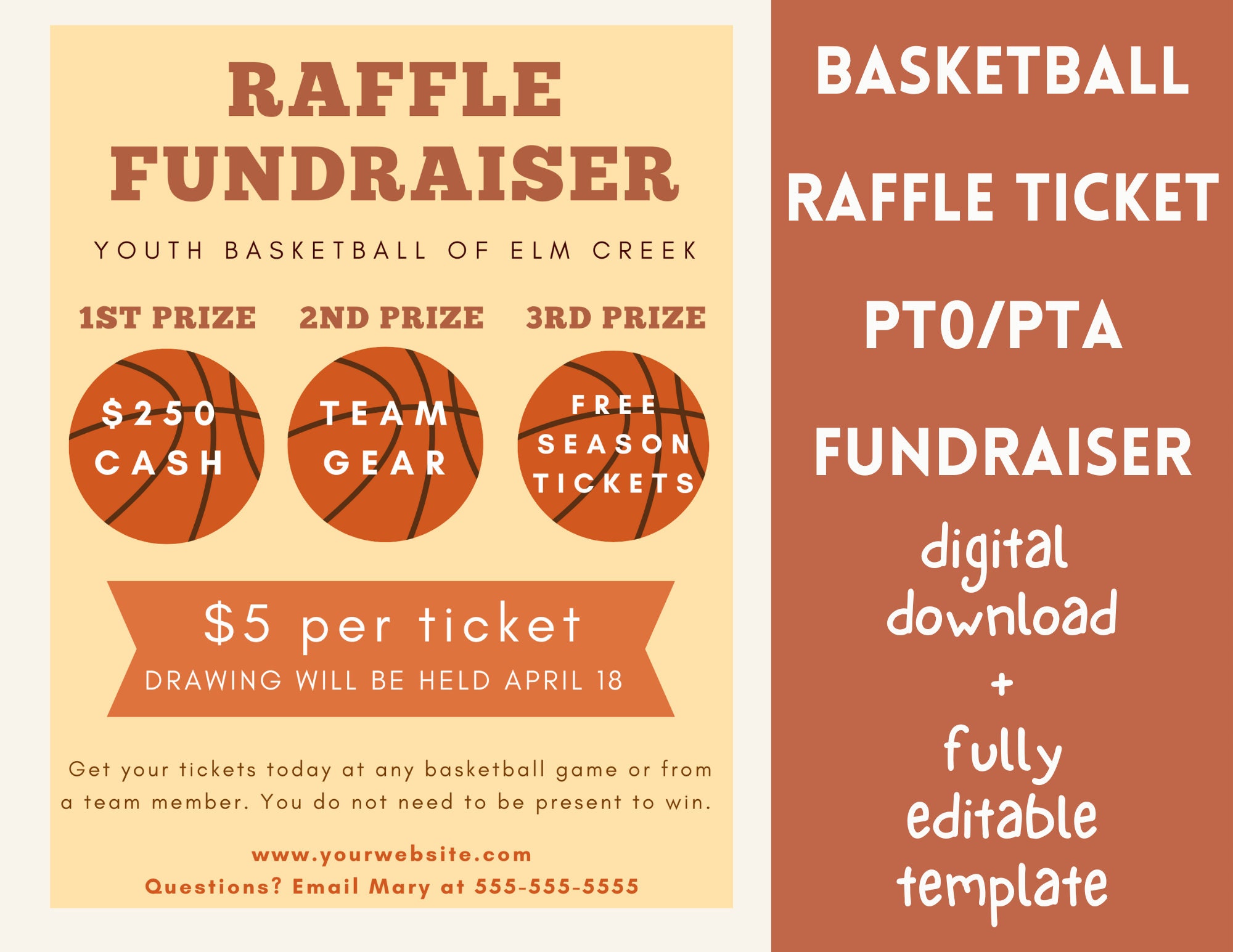 Basketball RAFFLE Fundraiser Editable Template for PTO and PTA. Flyer ...