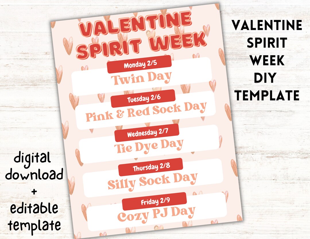 Valentine's Day Spirit Week Schedule VDAY Flyer Fundraiser for PTO/PTA ...