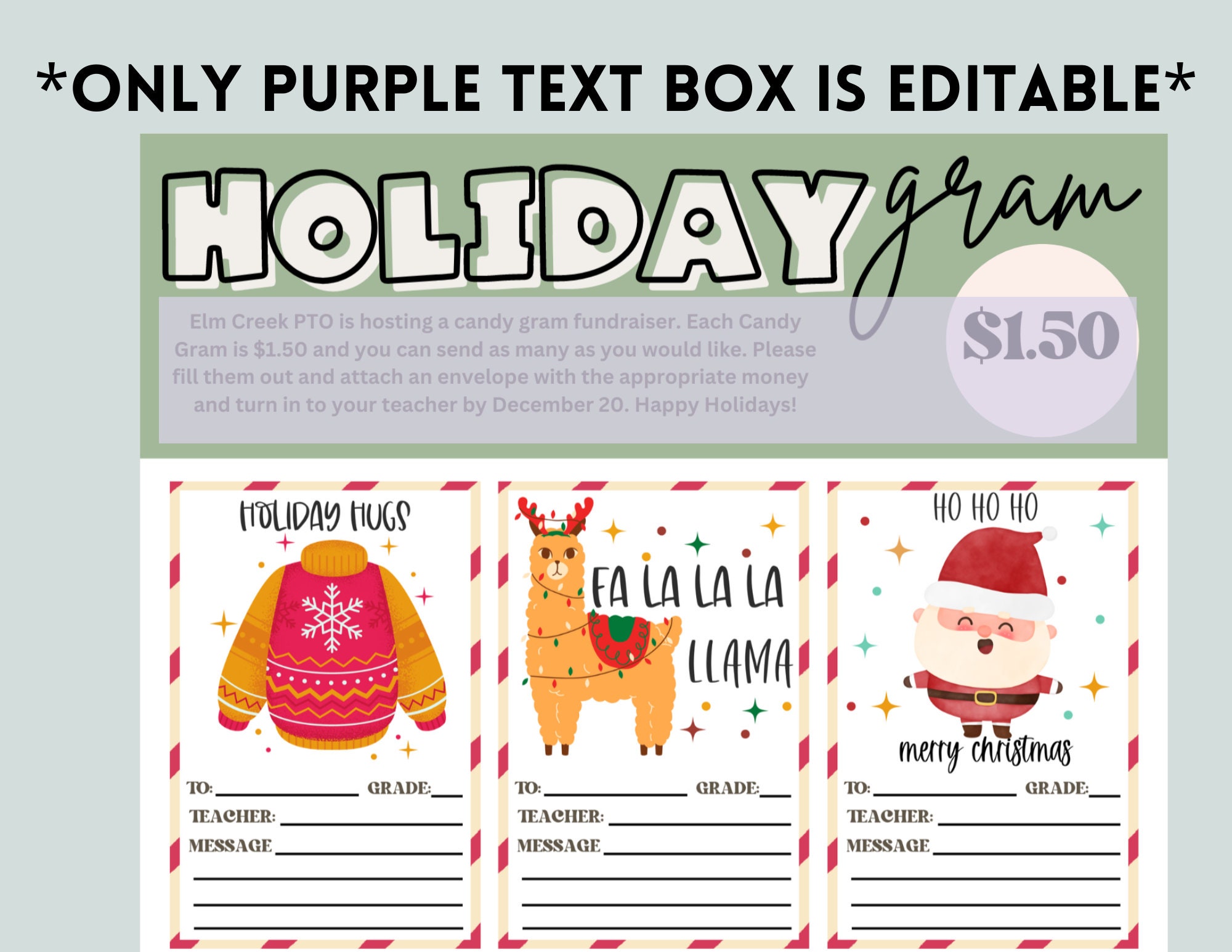 Candy Gram for Christmas Fundraiser for PTO/PTA School Event Editable ...