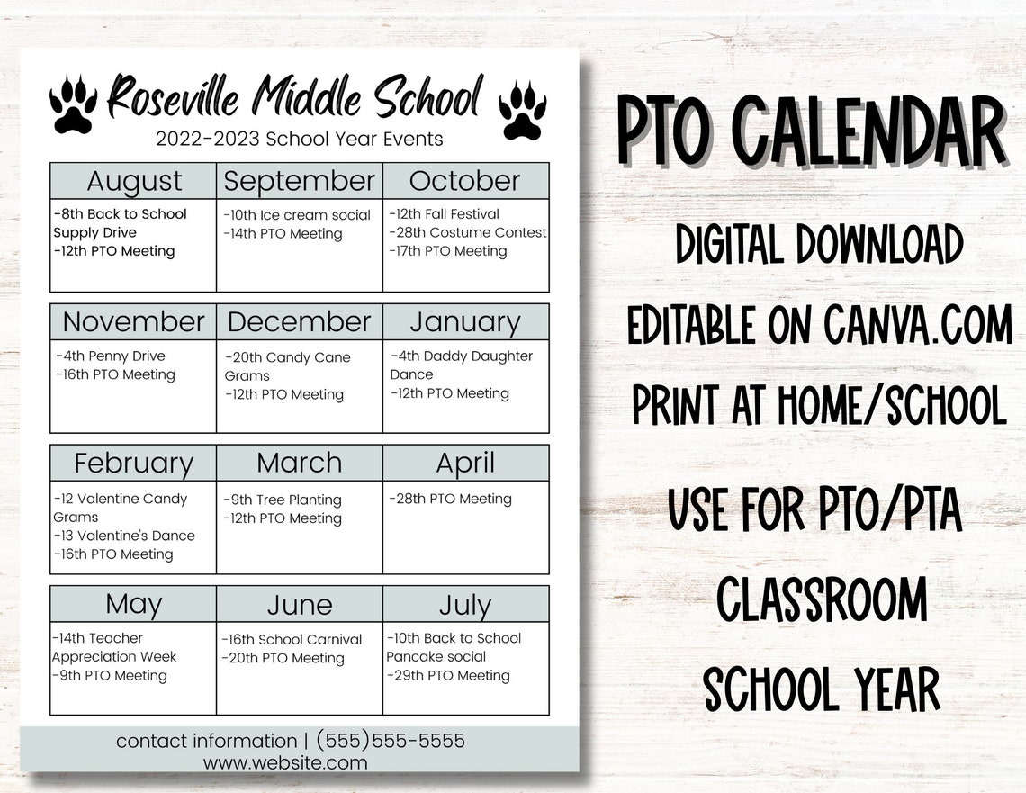 Simple PTO/PTA Yearly and Monthly Calendar Events for the School Year ...