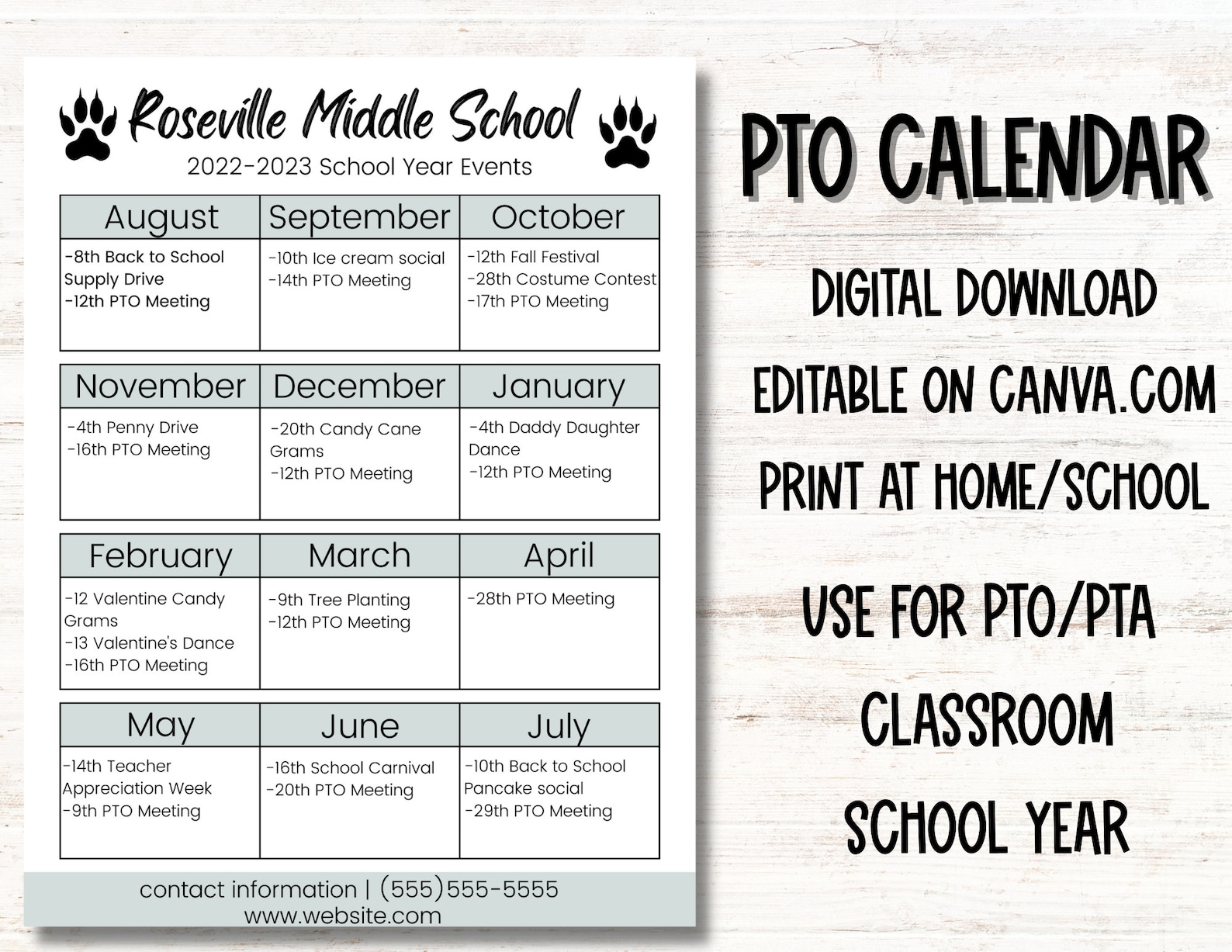 Simple PTO/PTA Yearly and Monthly Calendar Events for the School Year ...