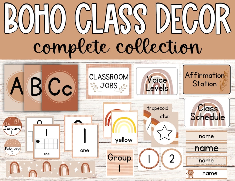 Neutral BOHO Classroom Decor Bundle for Bulletin Board, Teacher ...