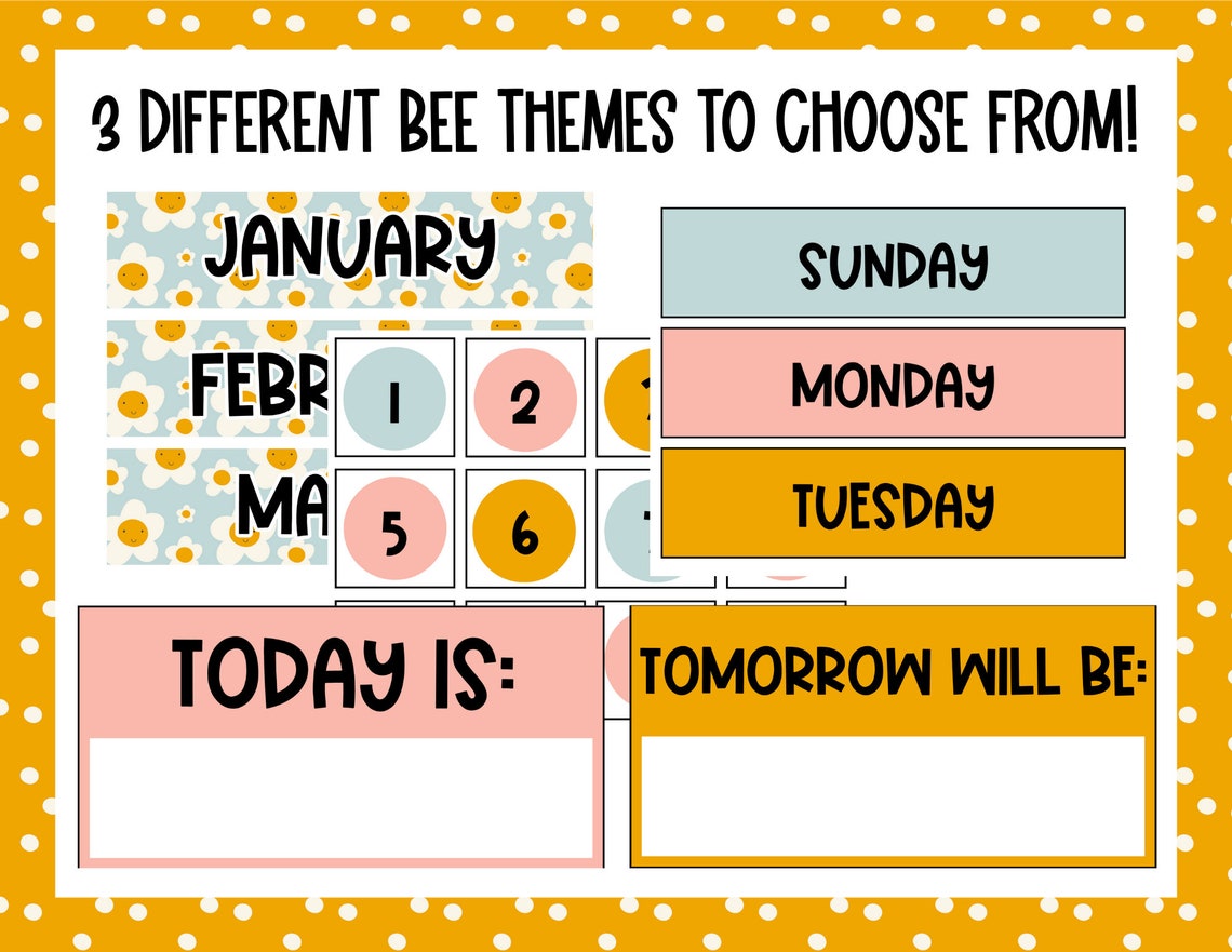 Printable Calendar Kit for Classroom With a Bumble Bee Theme - Etsy