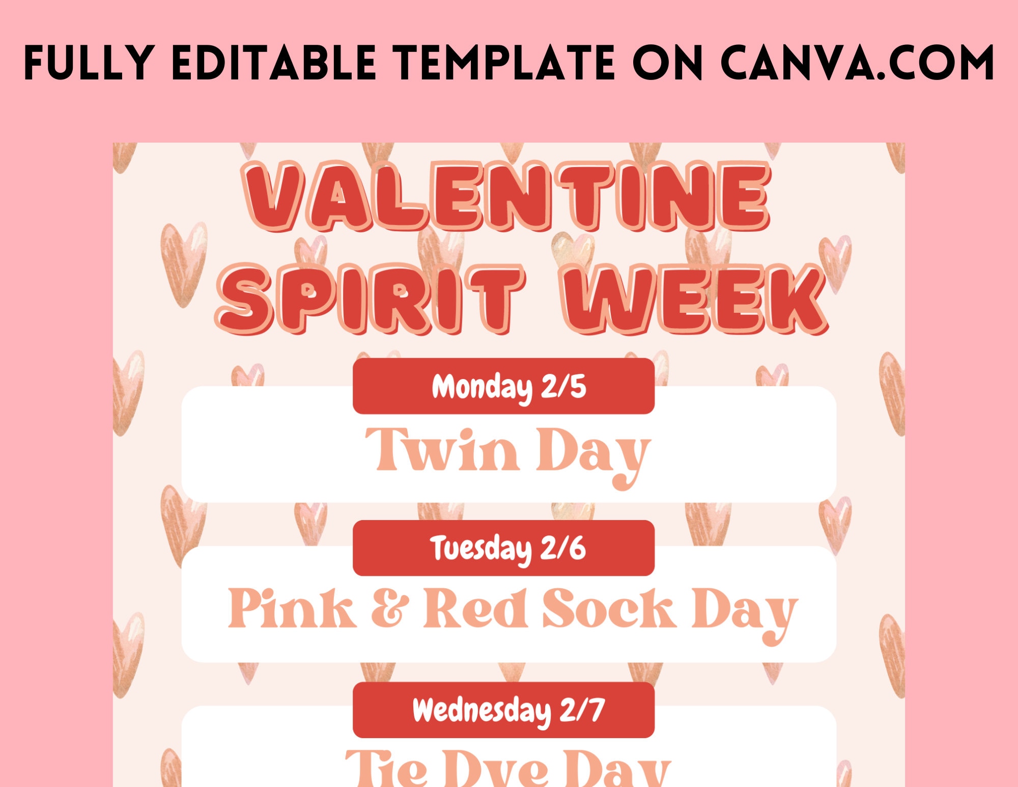 Valentine's Day Spirit Week Schedule VDAY Flyer Fundraiser for PTO/PTA ...