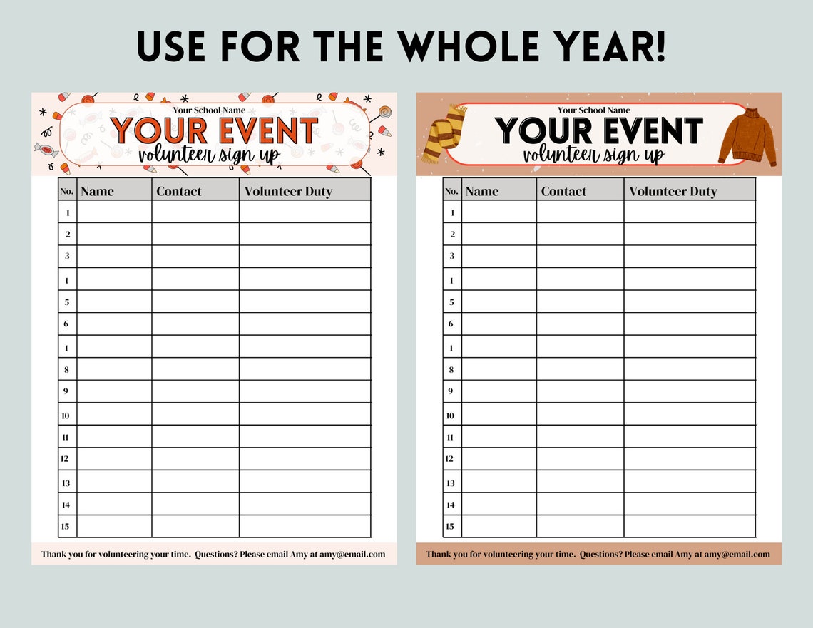 DIY Volunteer Sign up Sheet for Holidays, Events and Fundraisers ...