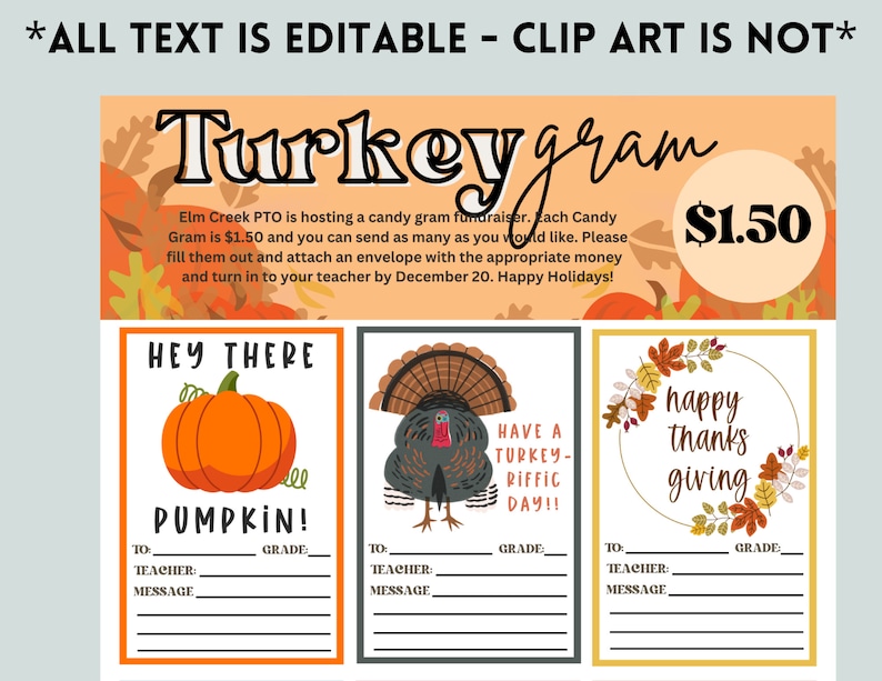 Turkey Thanksgiving Gram Candy Gram Fundraiser for PTO/PTA School Event ...