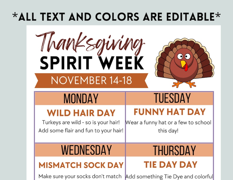 Thanksgiving Spirit Week Schedule Fall Flyer Fundraiser for PTO/PTA ...