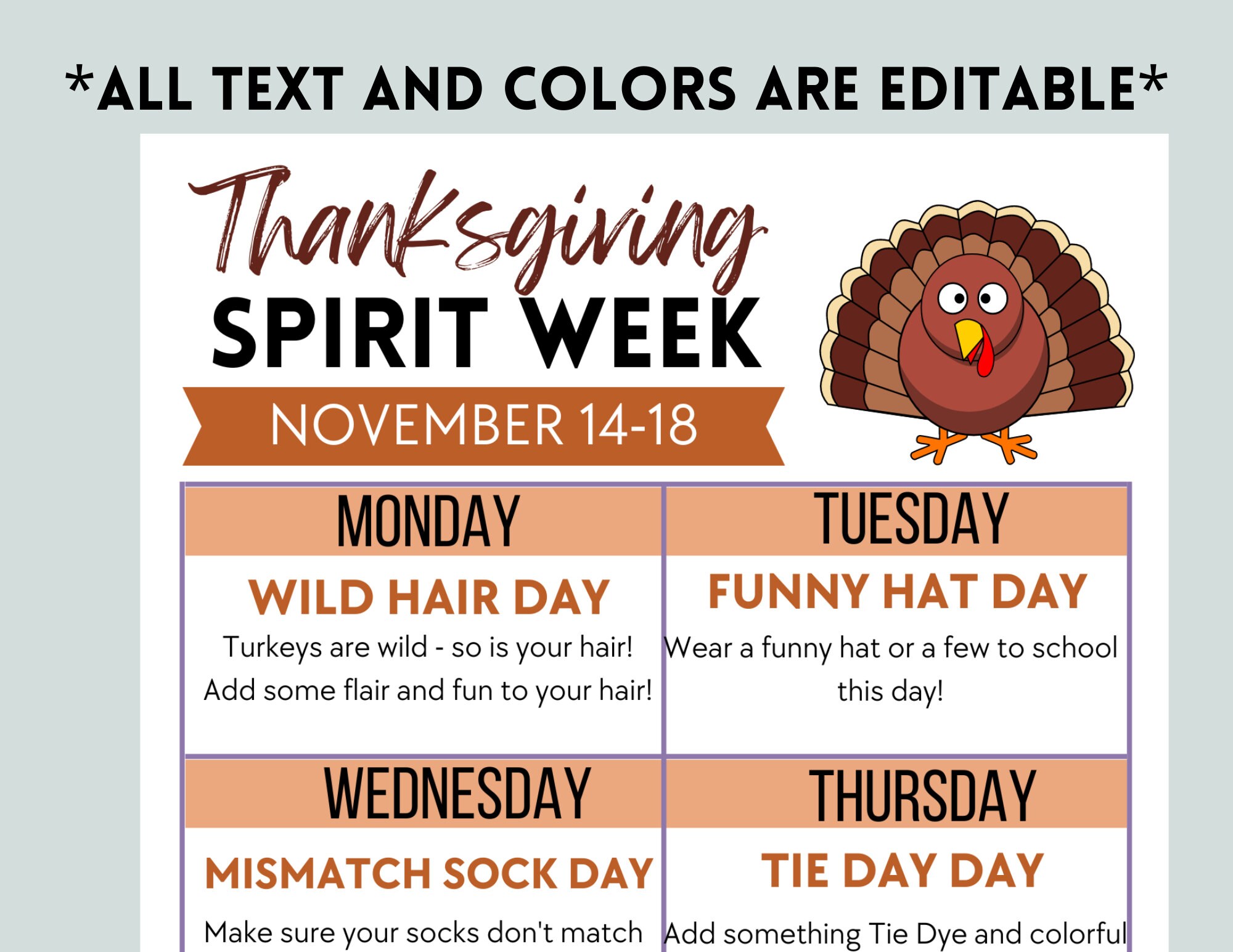 Thanksgiving Spirit Week Schedule Fall Flyer Fundraiser for PTO/PTA ...