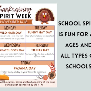 Thanksgiving Spirit Week Schedule Fall Flyer Fundraiser for PTO/PTA ...