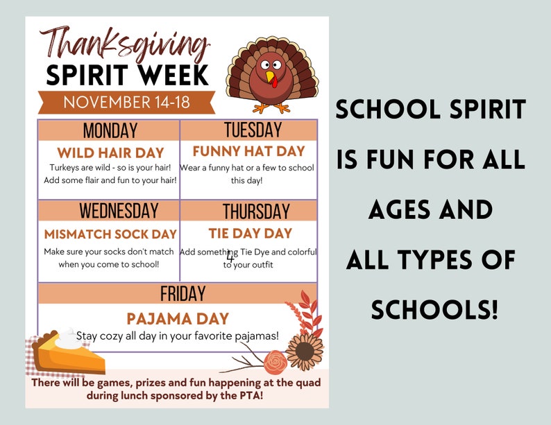 Thanksgiving Spirit Week Schedule Fall Flyer Fundraiser for PTO/PTA ...