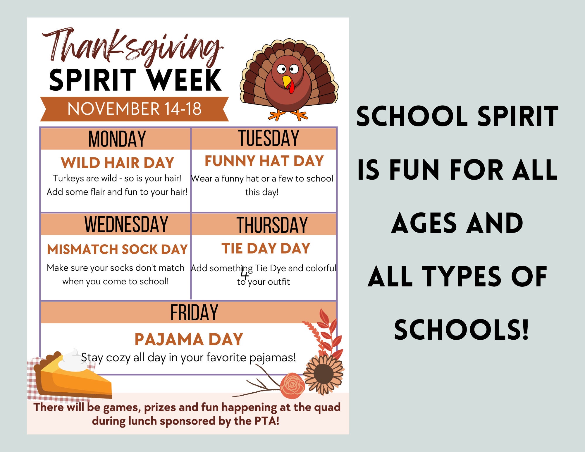 Thanksgiving Spirit Week Schedule Fall Flyer Fundraiser for PTO/PTA ...