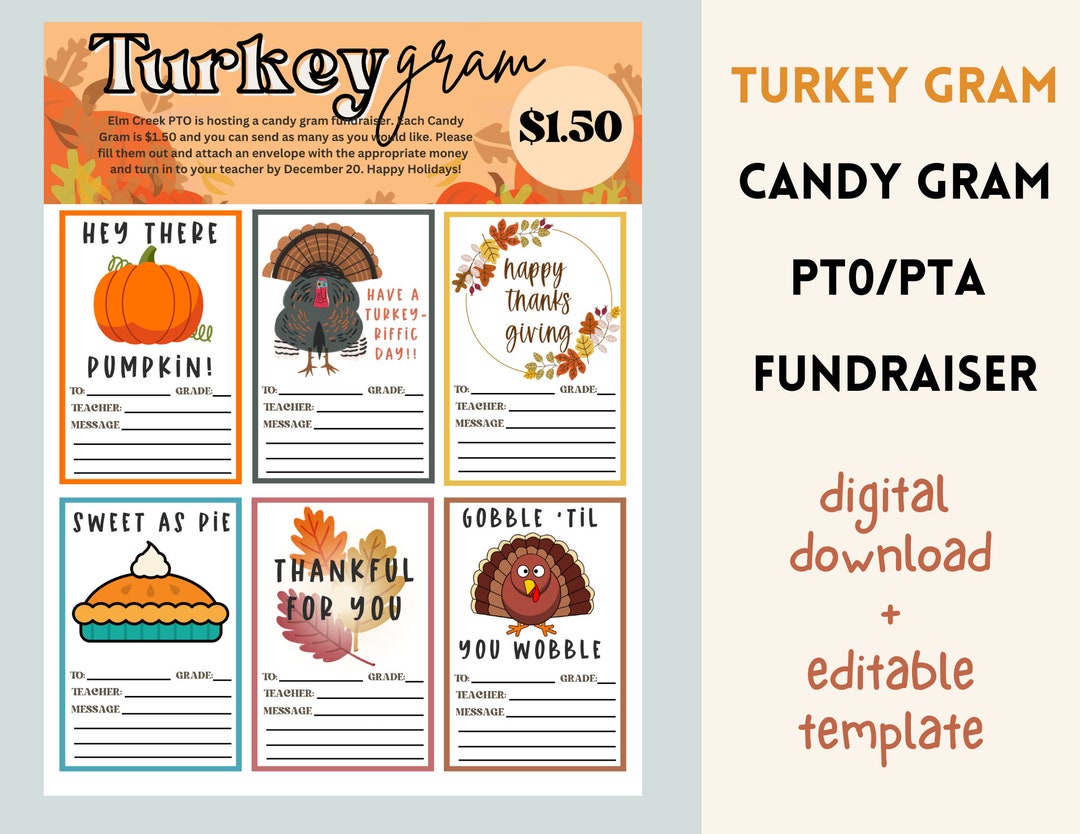 Turkey Thanksgiving Gram Candy Gram Fundraiser for PTO/PTA School Event ...