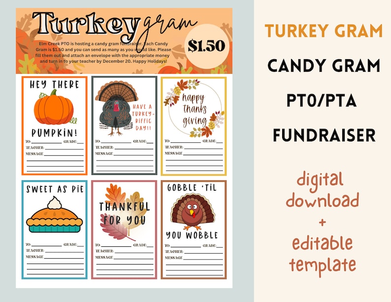 Turkey Thanksgiving Gram Candy Gram Fundraiser for PTO/PTA School Event ...