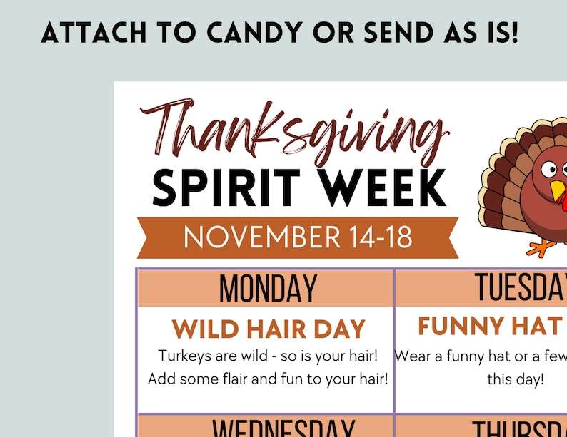 Thanksgiving Spirit Week Schedule Fall Flyer Fundraiser for PTO/PTA ...