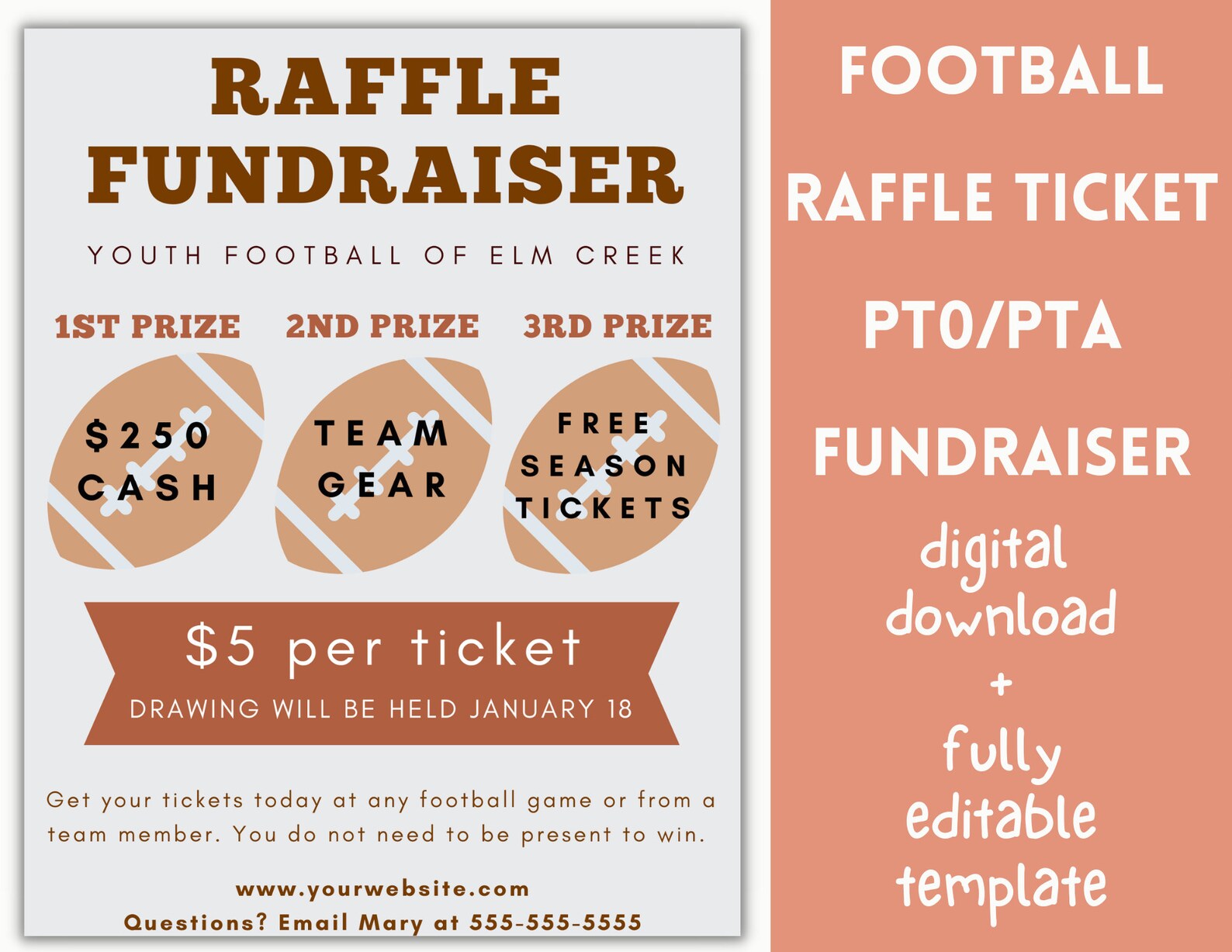 Football RAFFLE Fundraiser Editable Template for PTO and PTA. Flyer for ...