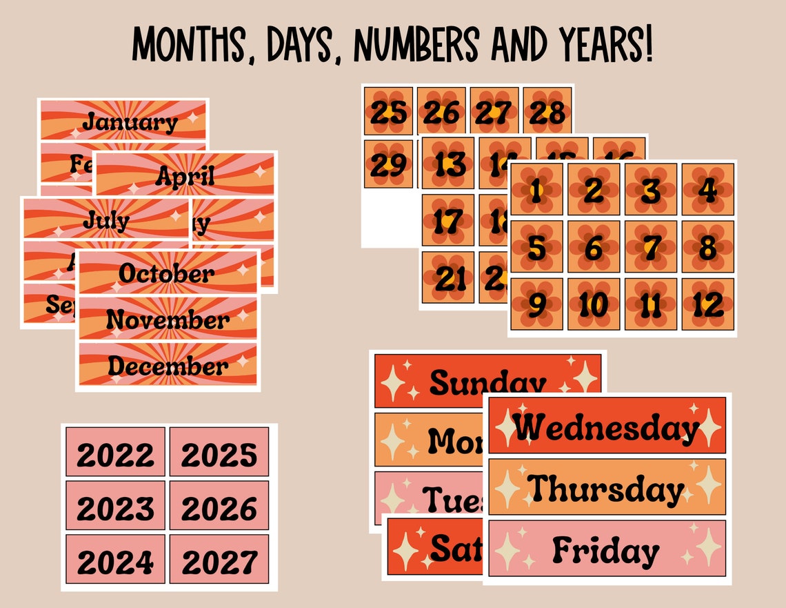 Retro GROOVY Class Flip Calendar for Classroom Organization, Bulletin ...