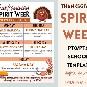 Thanksgiving Spirit Week Schedule Fall Flyer Fundraiser for PTO/PTA ...