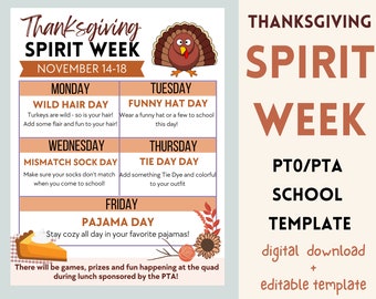 Thanksgiving School Spirit Week Schedule Fall Flyer Fundraiser for PTO ...