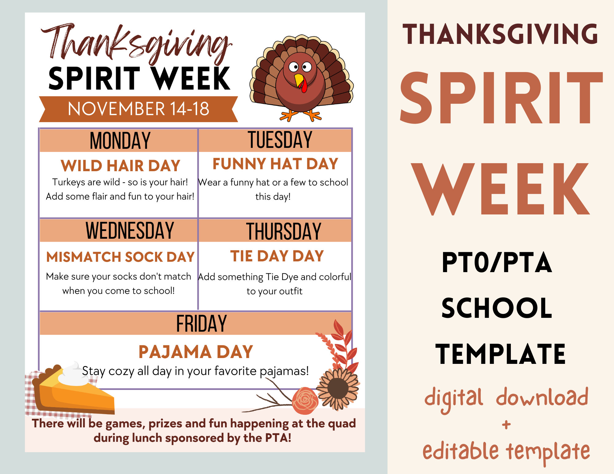 Thanksgiving Spirit Week Schedule Fall Flyer Fundraiser for PTO/PTA ...