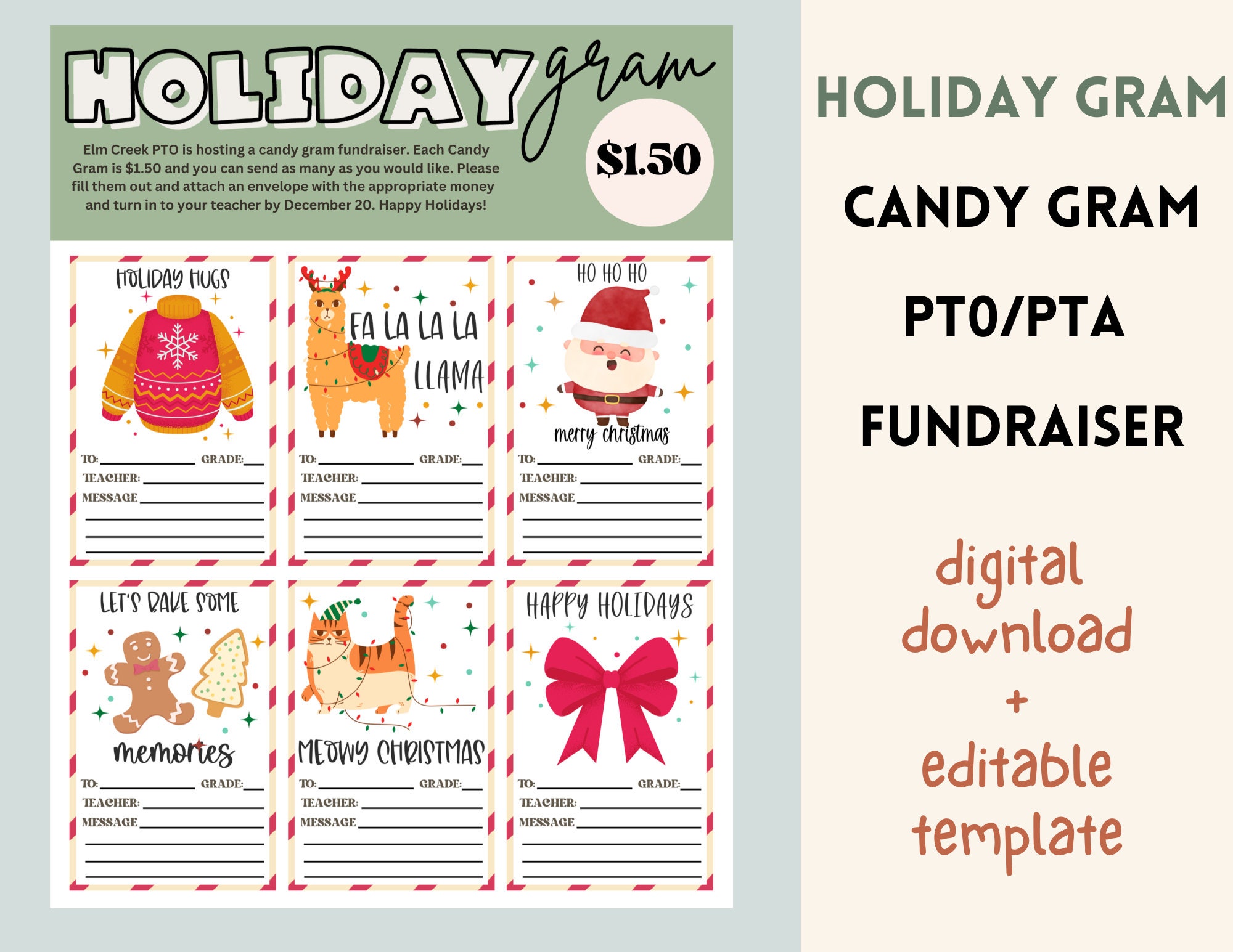 Candy Gram for Christmas Fundraiser for PTO/PTA School Event Editable ...