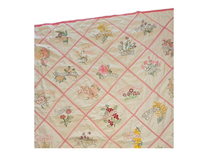 Vintage 50 State Flowers Quilt Handmade Pink and White 85x65 - Etsy