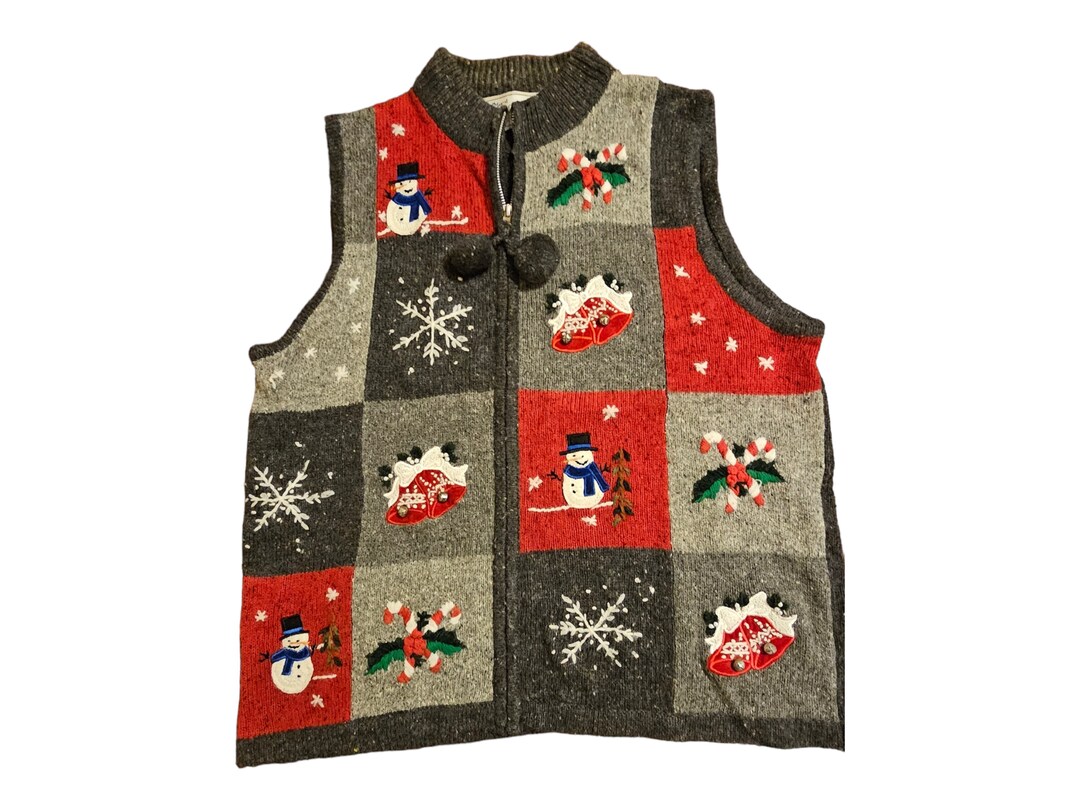 Vintage Sarah Bentley Ugly Christmas Sweater Vest Patchwork Gray and ...