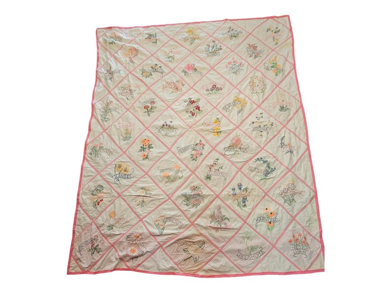 Vintage 50 State Flowers Quilt Handmade Pink and White 85x65 - Etsy