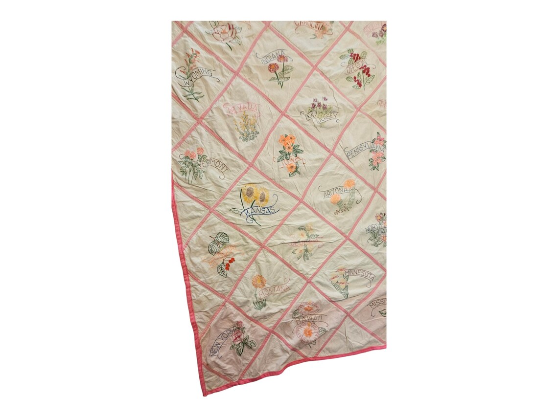 Vintage 50 State Flowers Quilt Handmade Pink and White 85x65 - Etsy